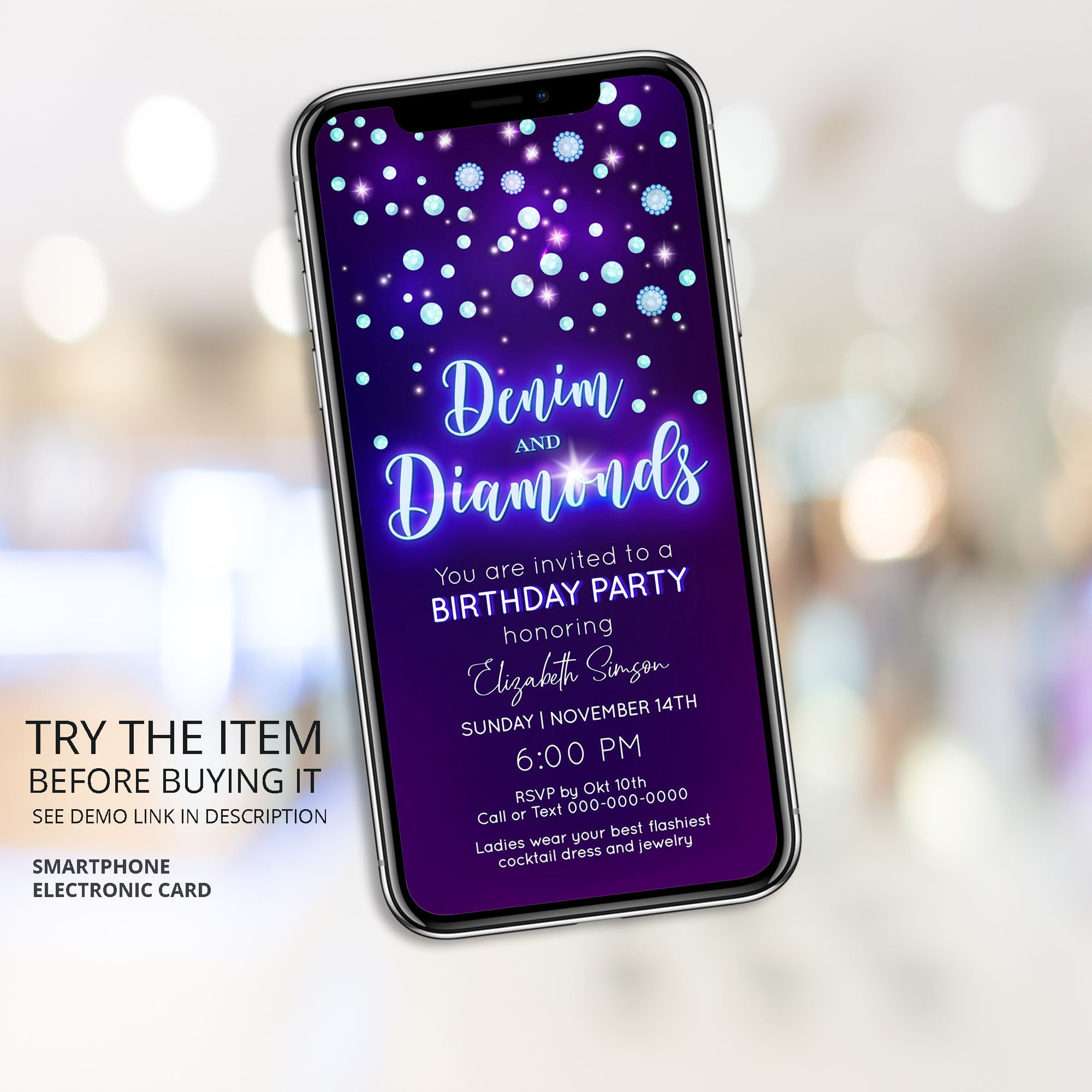 Adult Birthday Invitation Denim and Diamonds Smartphone Invitation ...
