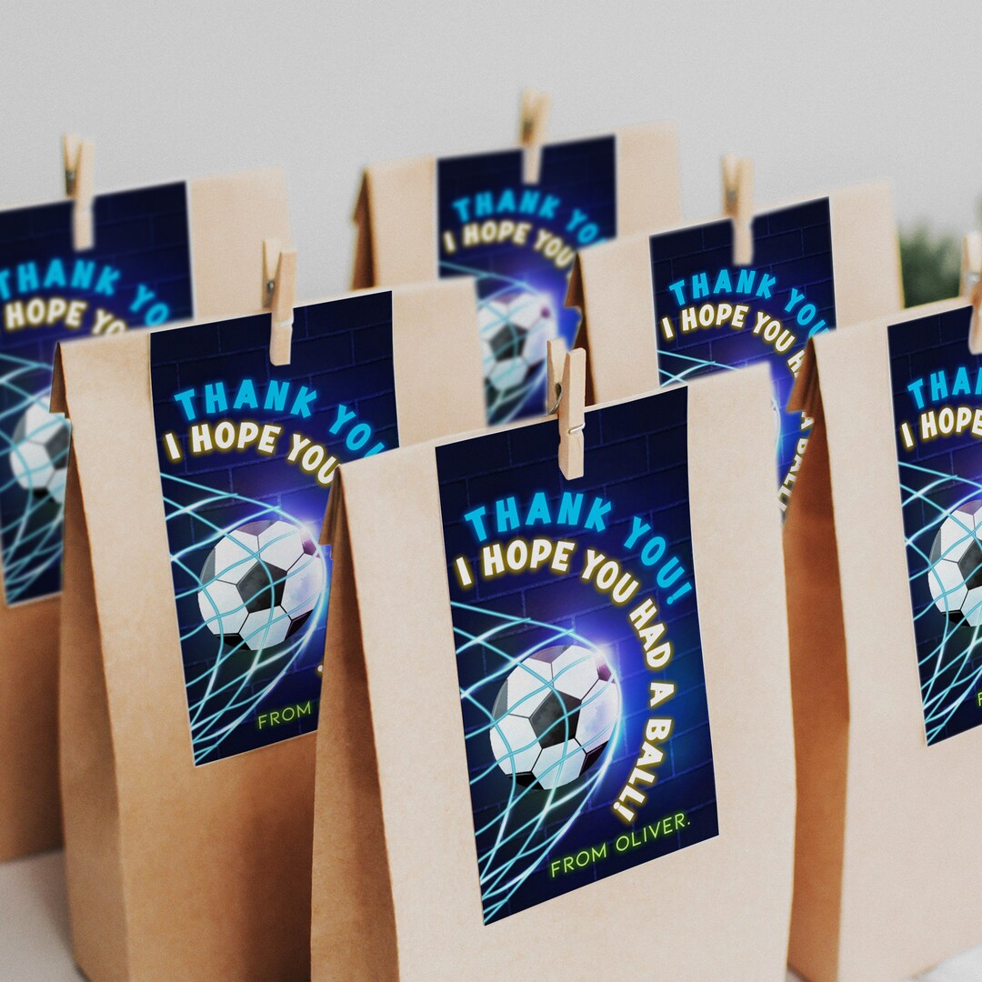 Soccer Birthday Neon Thank You Tag, Sports Party Soccer Favors Tag ...