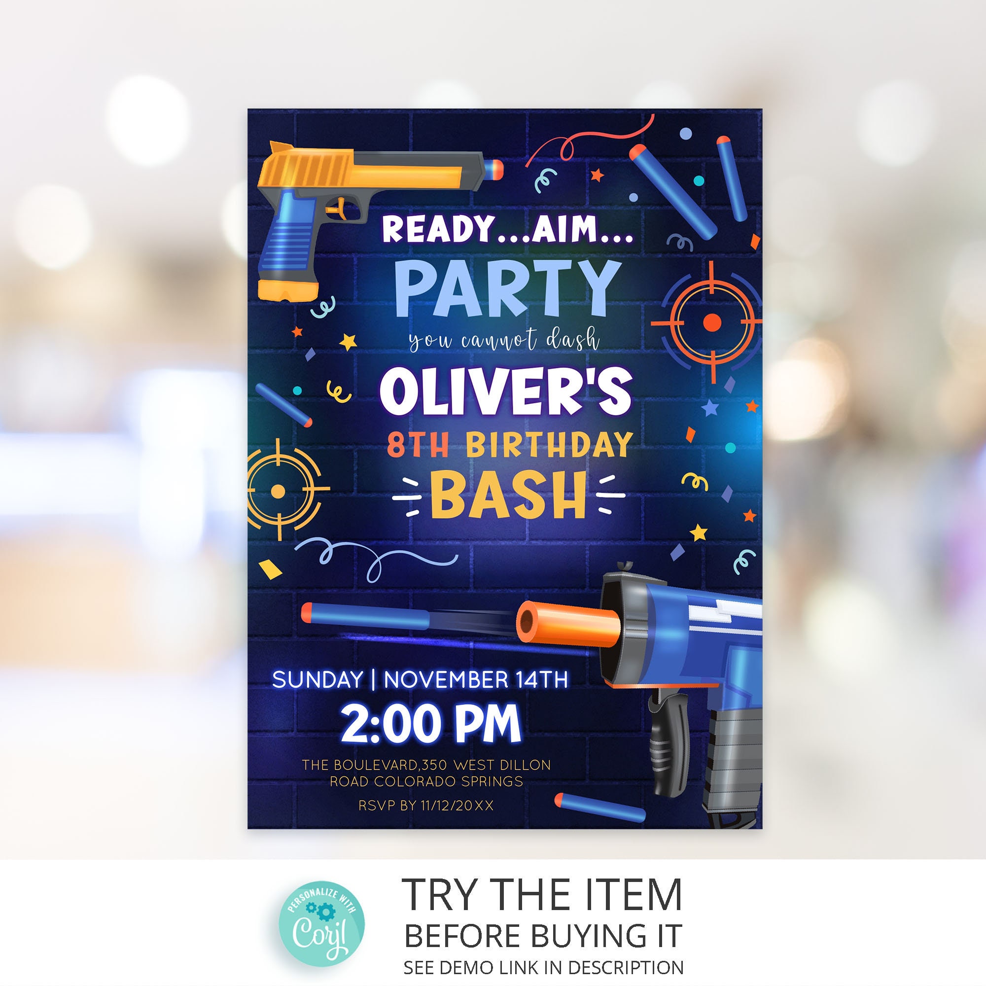 Dart Gun Invitation Template for ANY AGE , Dart Gun Birthday Invitation ...