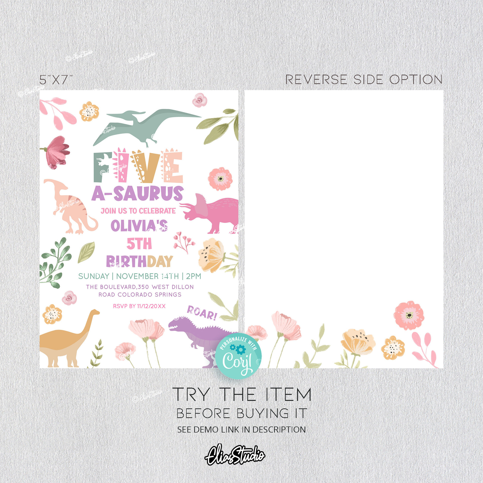Five A-saurus 5th Birthday Girl Invitation Dinosaur Invitation Dinosaur ...