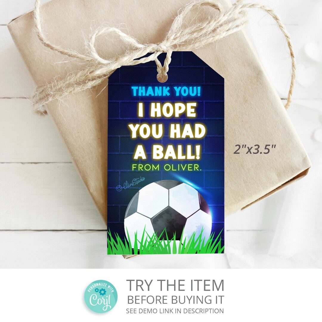 Soccer Birthday Neon Thank You Tag, Sports Party Soccer Favors Tag ...