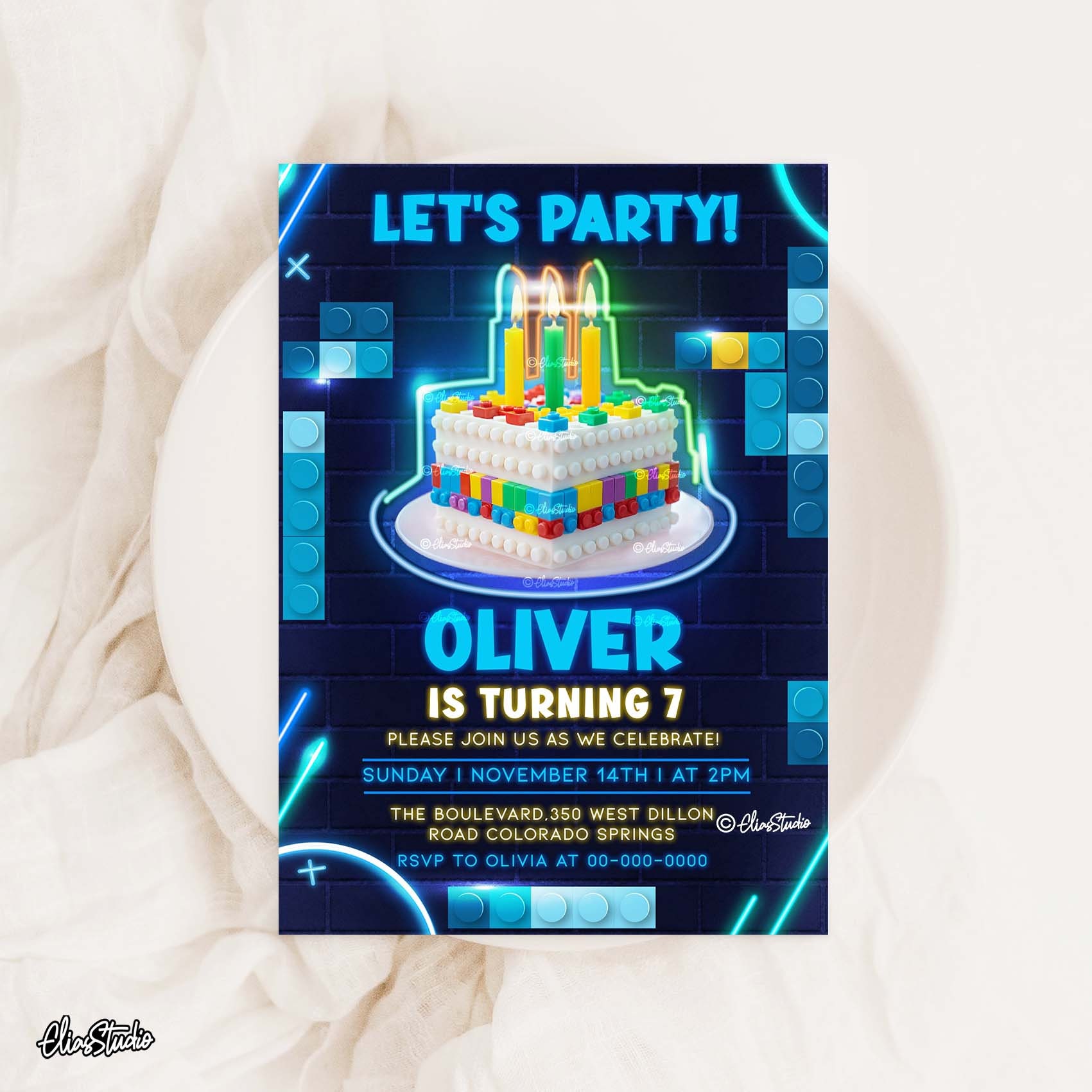 Neon Building Blocks Birthday Invitation. Printable Digital Kids ...
