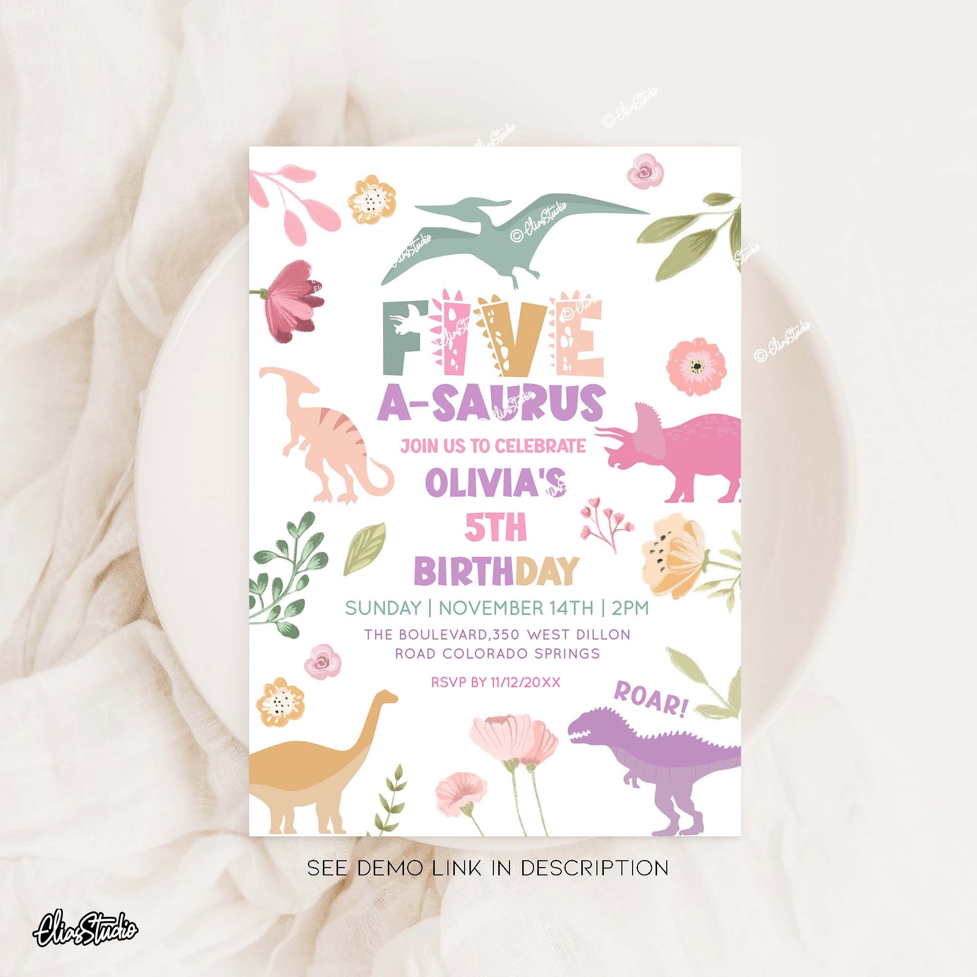 Five A-saurus 5th Birthday Girl Invitation Dinosaur Invitation Dinosaur ...