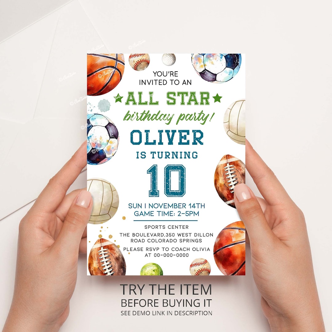 Editable All Star Birthday Invite, Soccer Birthday Invitation, Sports ...
