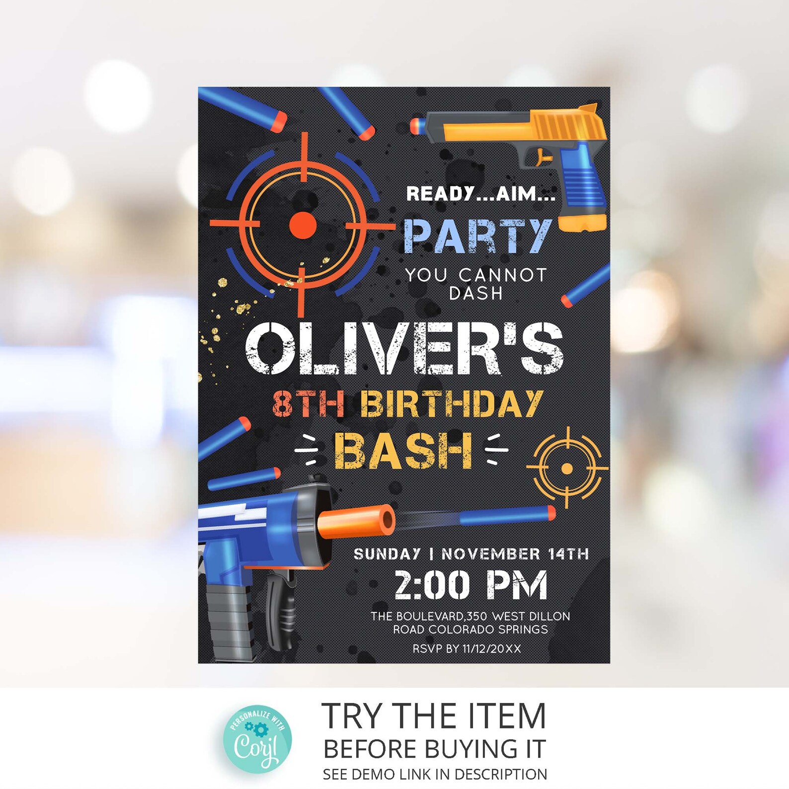 Dart Gun Invitation Template for ANY AGE , Dart Gun Birthday Invitation ...
