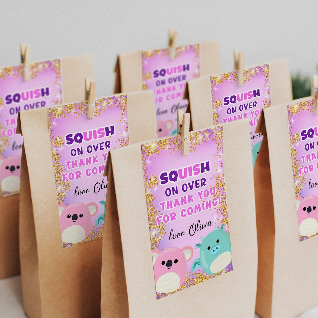 Editable Squishmallow Birthday Thank You Tags, Squishy Favor Tags ...