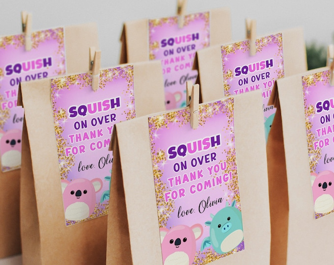 Editable Squishmallow Birthday Thank You Tags, Squishy Favor Tags ...