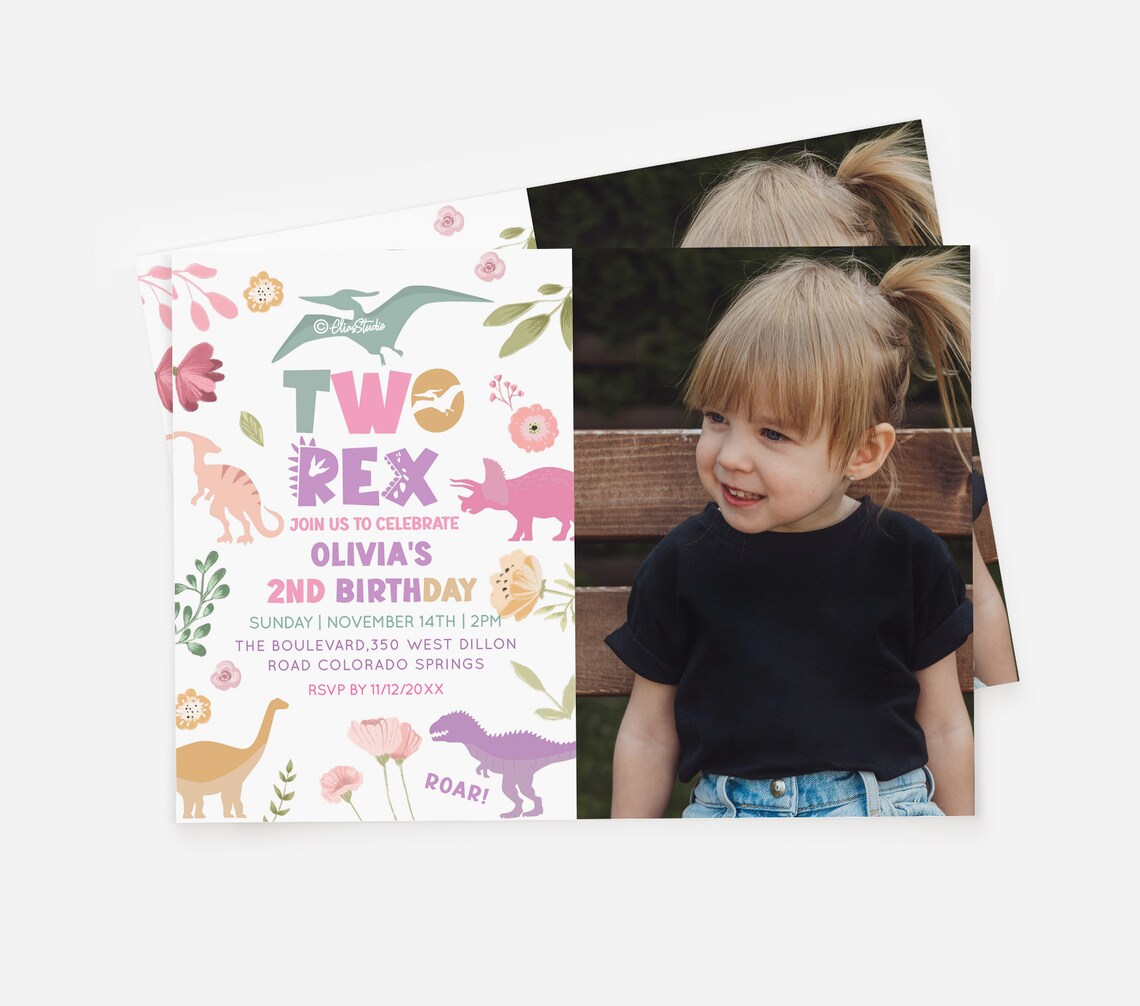 TWO-REX 2nd Birthday Girl Invitation, Dinosaur Invitation, Dinosaur ...