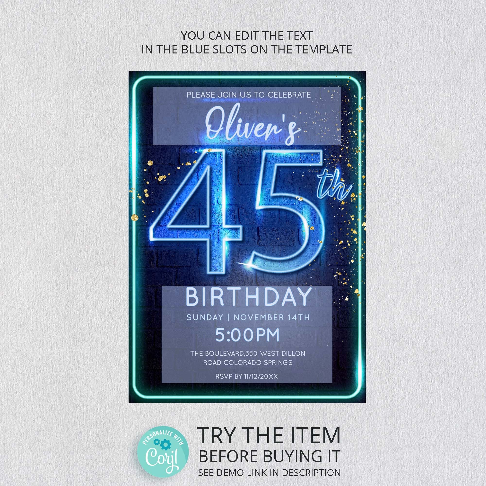 45th Birthday Man 45th Male Birthday Invitation Editable Template 45th ...