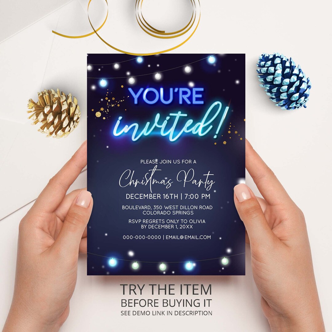 Neon Christmas Party Invitation Template You're Invited Invitation ...