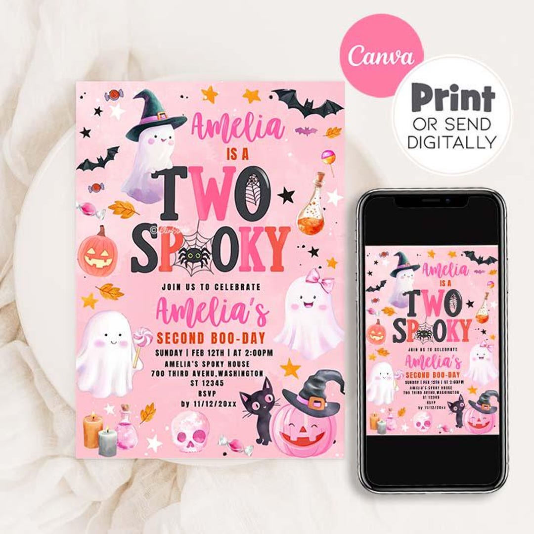 Two Spooky Birthday Girl Halloween Birthday Party Invites, 2nd Birthday ...