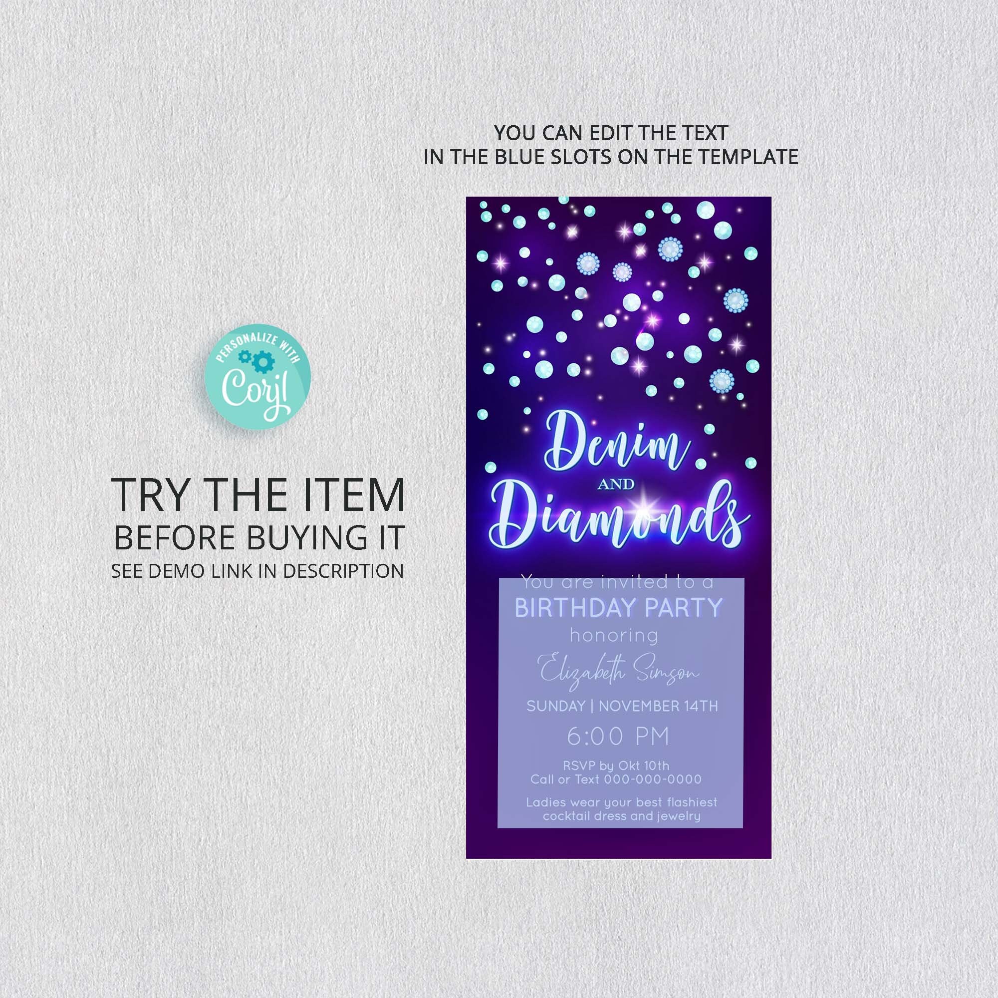 Adult Birthday Invitation Denim and Diamonds Smartphone Invitation ...