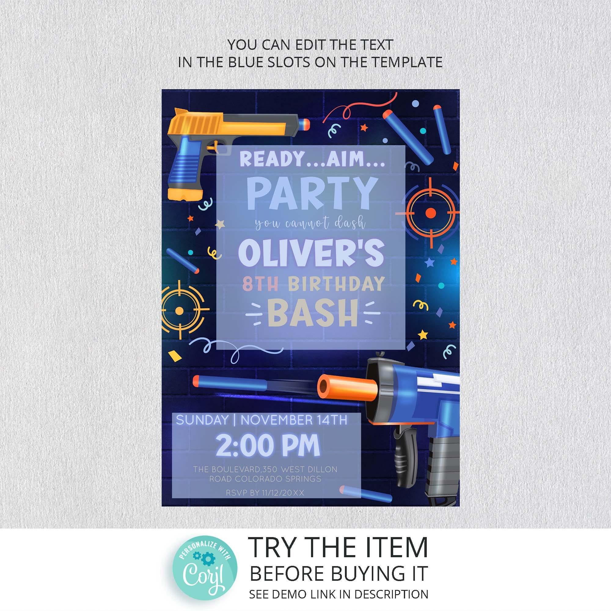 Dart Gun Invitation Template for ANY AGE , Dart Gun Birthday Invitation ...