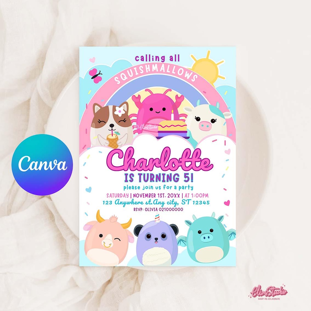 Squishmallow Birthday Invite Canva Template, Squish Birthday Invitation ...