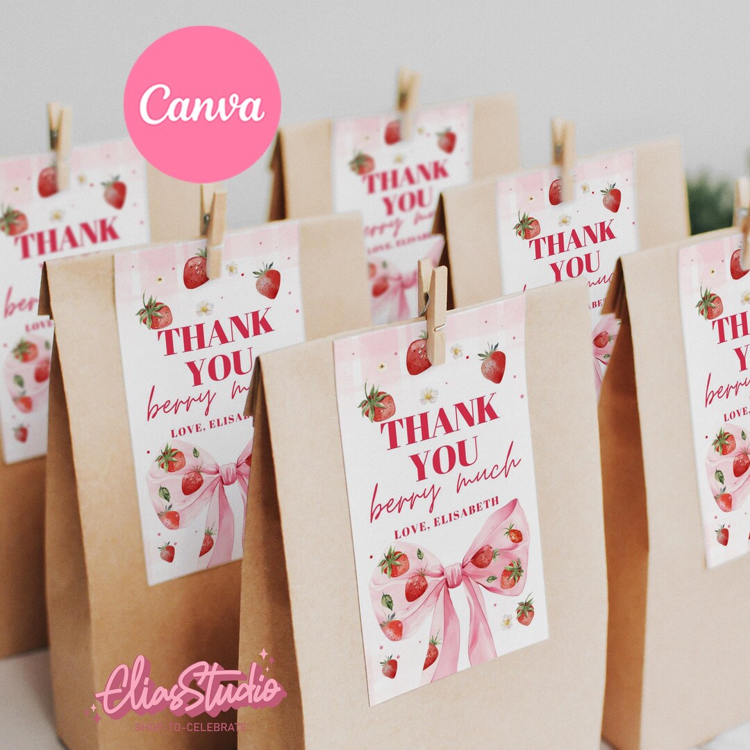 Strawberry Birthday Favor Tags Berry First Birthday Thank You Tag, Bow ...