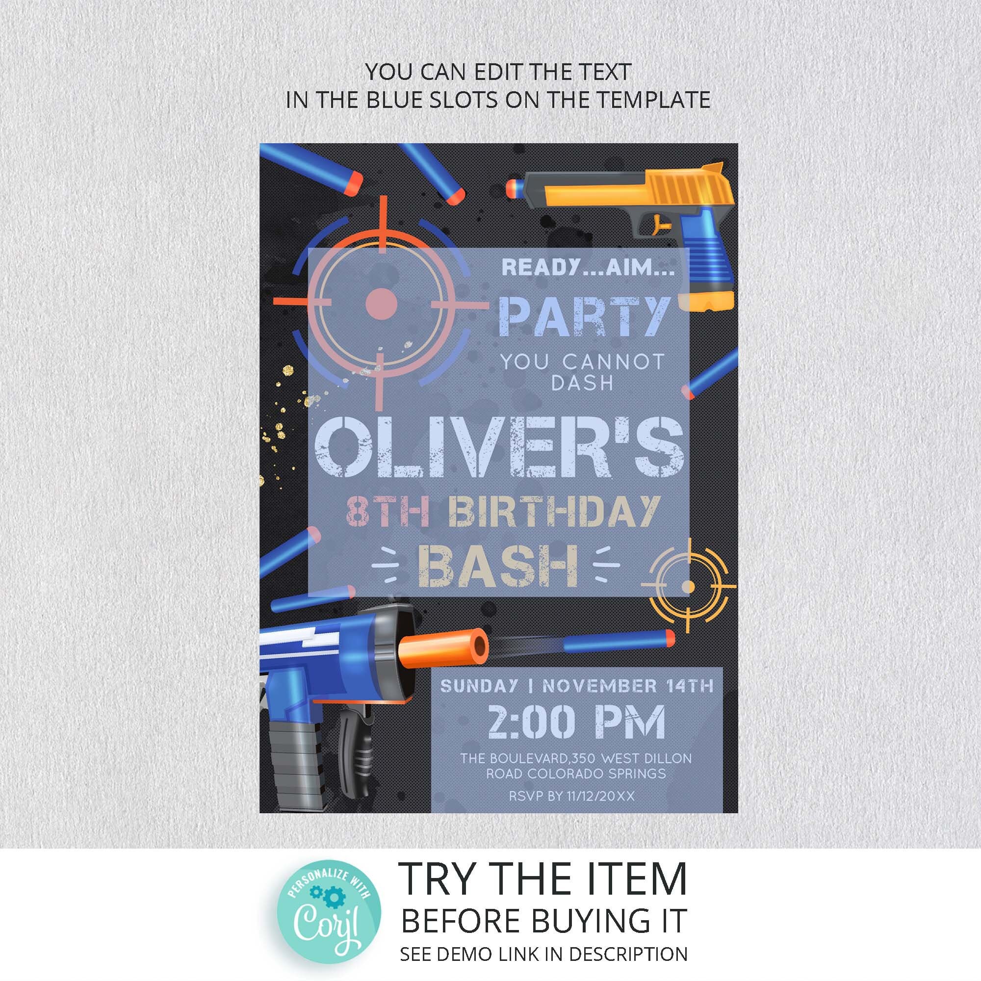 Dart Gun Invitation Template for ANY AGE Dart Gun Birthday - Etsy