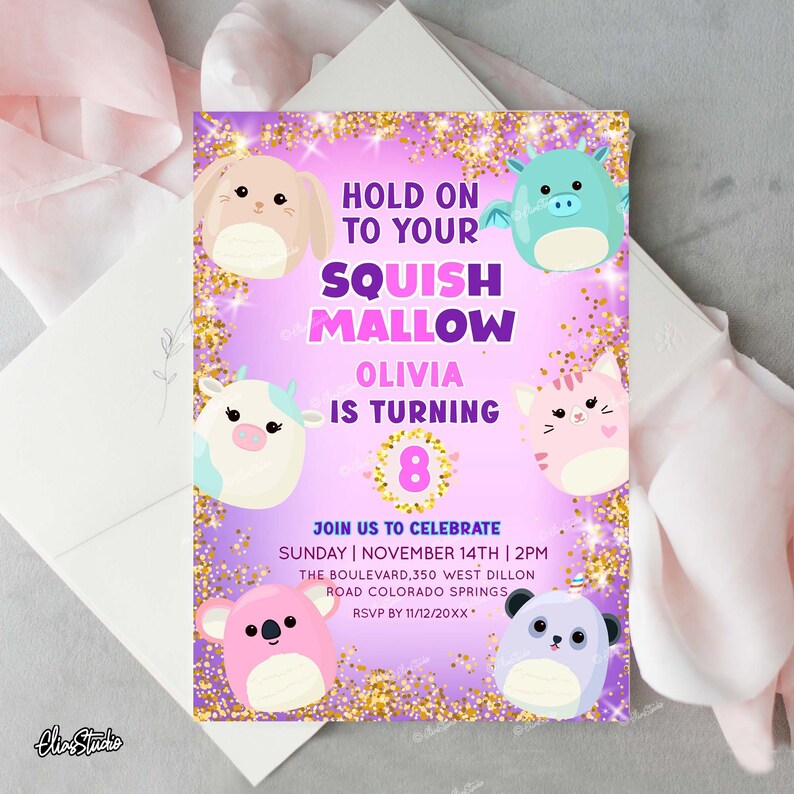 Invitación de cumpleaños de Squishmallow editable, invitación blanda ...