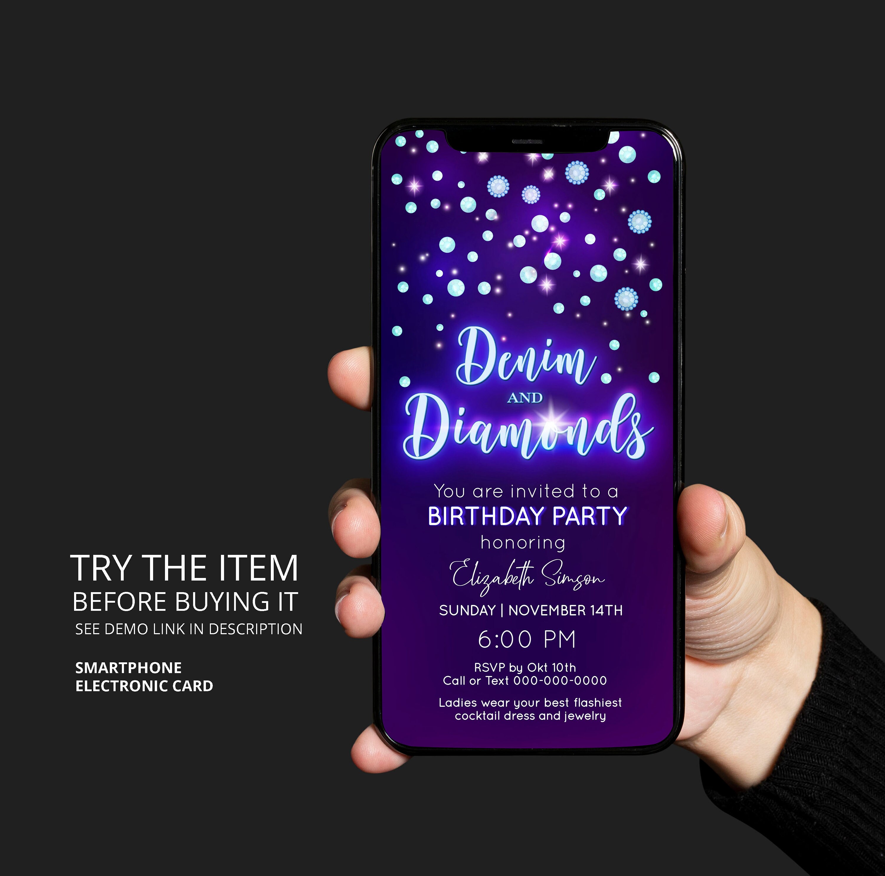 Adult Birthday Invitation Denim and Diamonds Smartphone Invitation ...