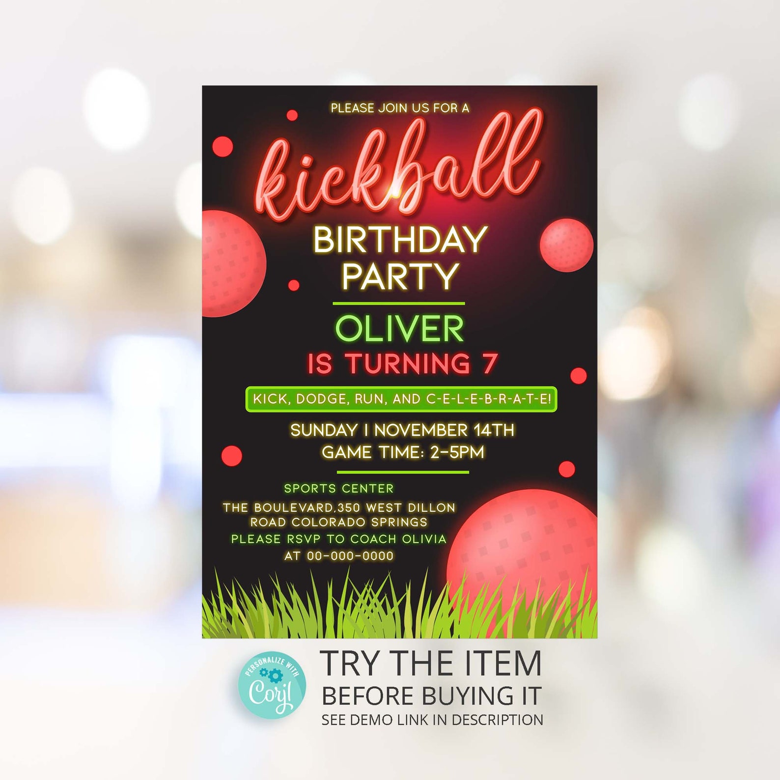 Kickball Birthday Party Invitation Digital Editable Template Corjl KB1 ...