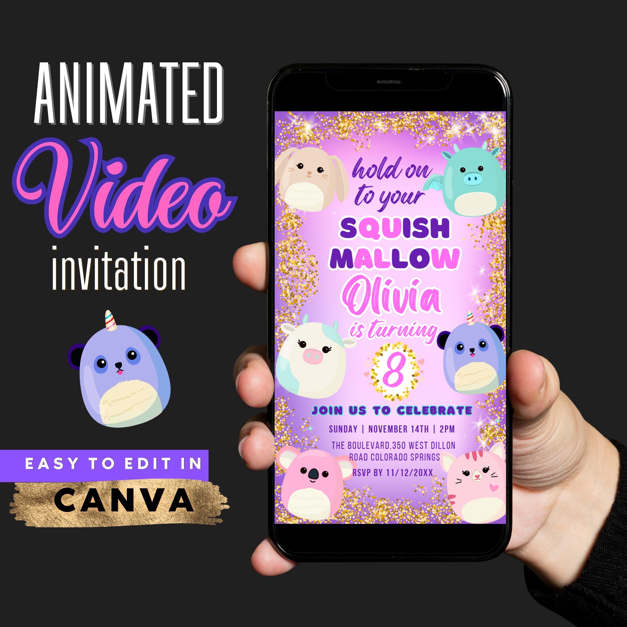 Animated Video Invitation, Squishmallows Birthday Invitation Template ...