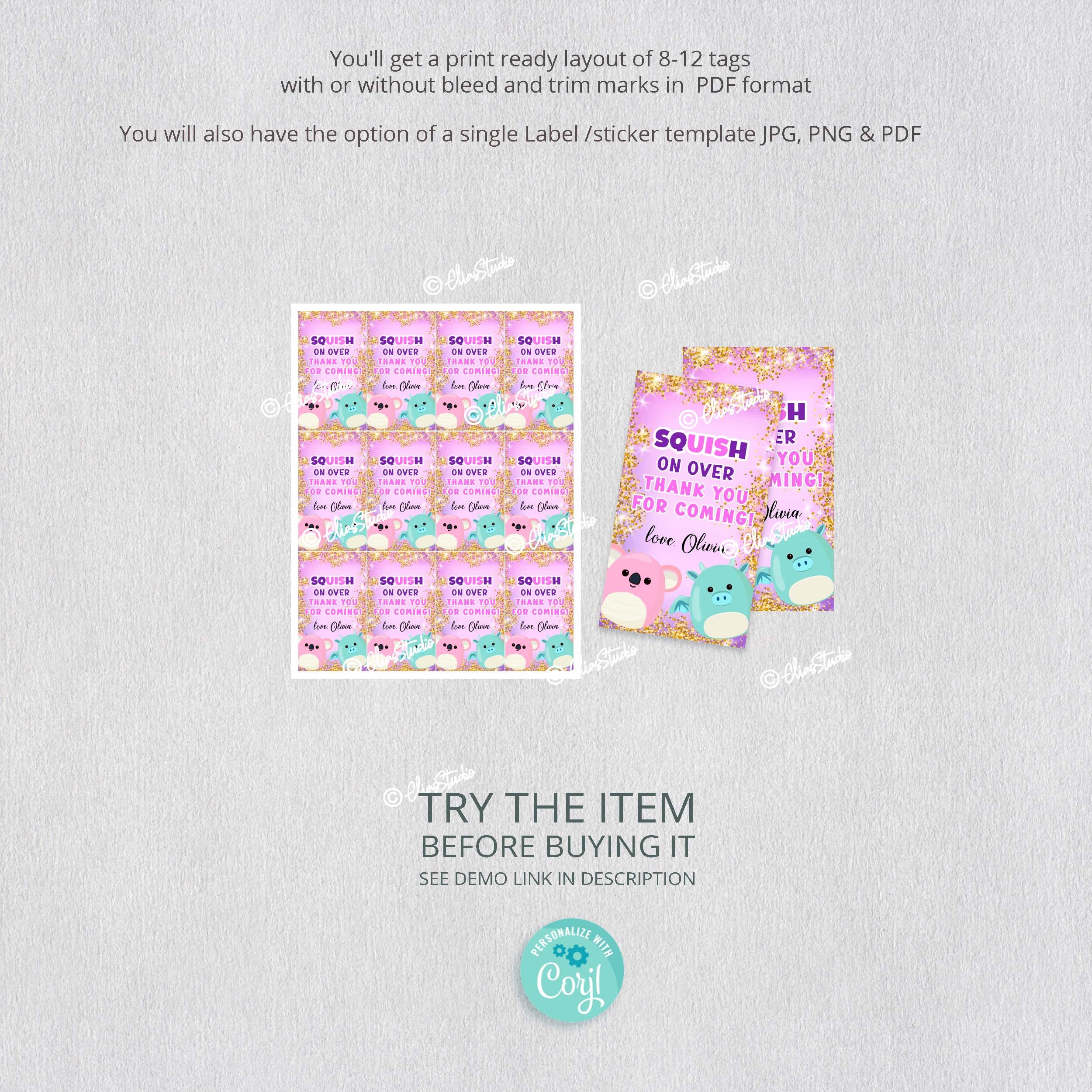 Editable Squishmallow Birthday Thank You Tags Squishy Favor - Etsy ...