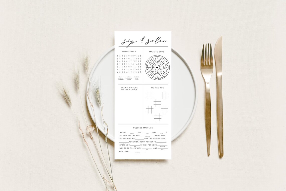 SIP & SOLVE, Minimalist Wedding Decor Activity Printable, Game Sheet ...