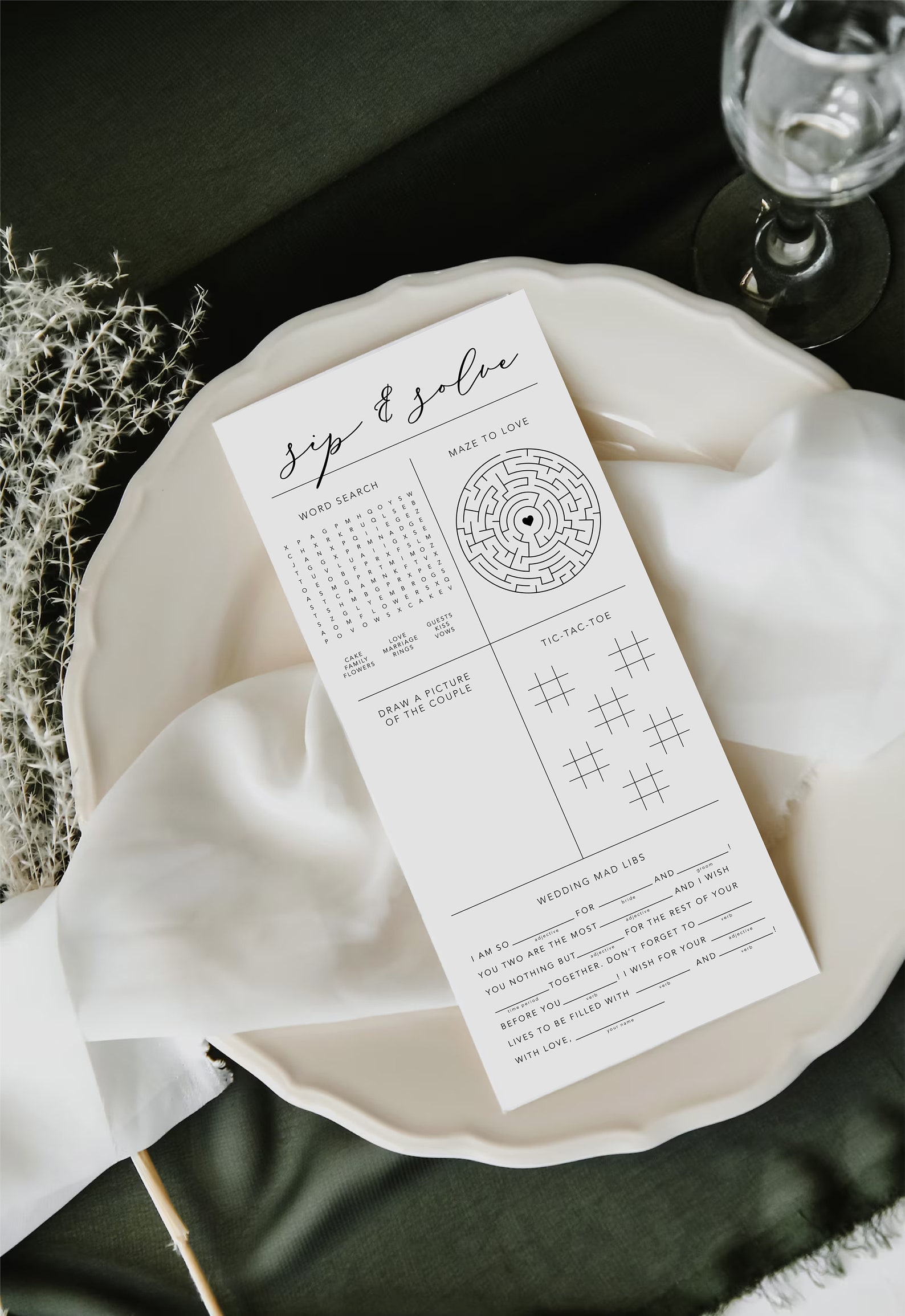 SIP & SOLVE, Minimalist Wedding Decor Activity Printable, Game Sheet ...