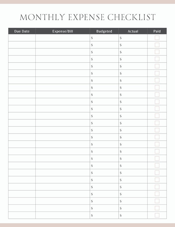 Monthly Expense Checklist Expense Tracker Printable Expense | Etsy