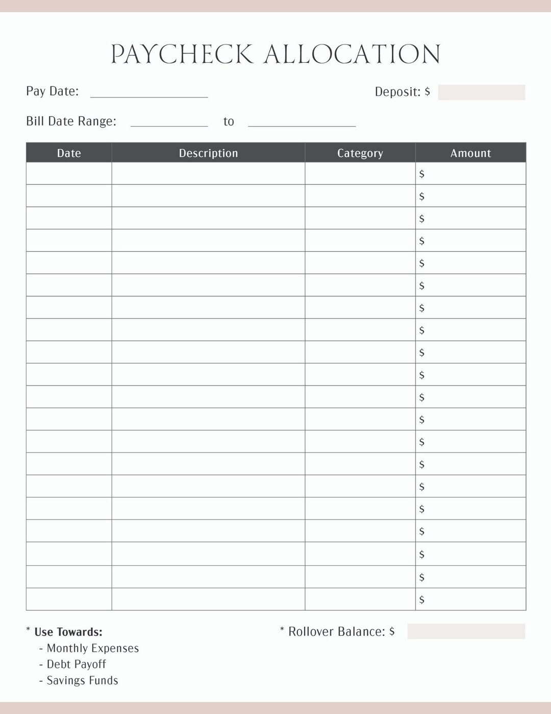 Paycheck Allocation Budget Sheet, Printable Paycheck Allocation ...