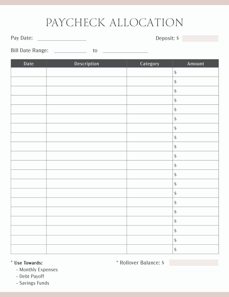 Paycheck Allocation Budget Sheet, Printable Paycheck Allocation ...