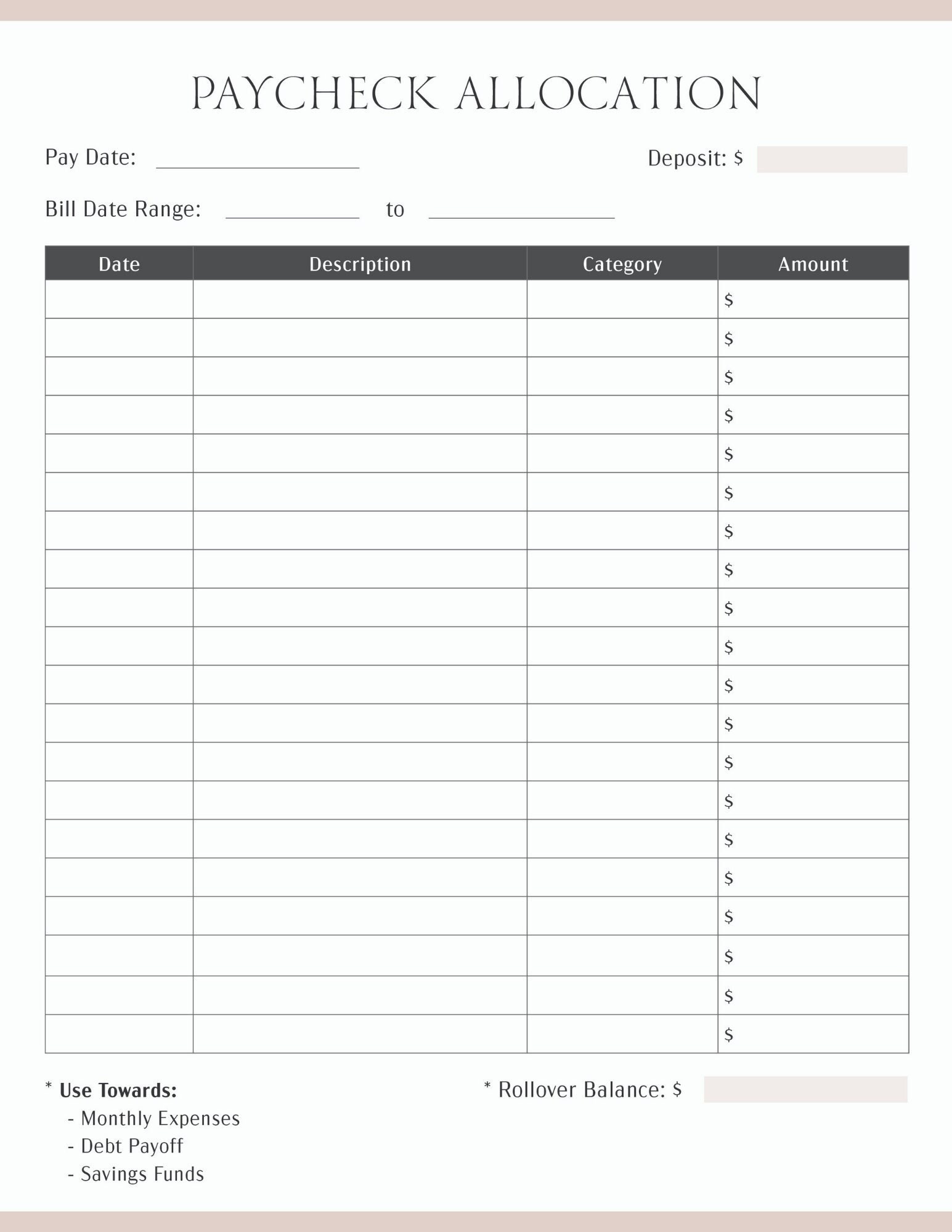 Paycheck Allocation Budget Sheet, Printable Paycheck Allocation ...