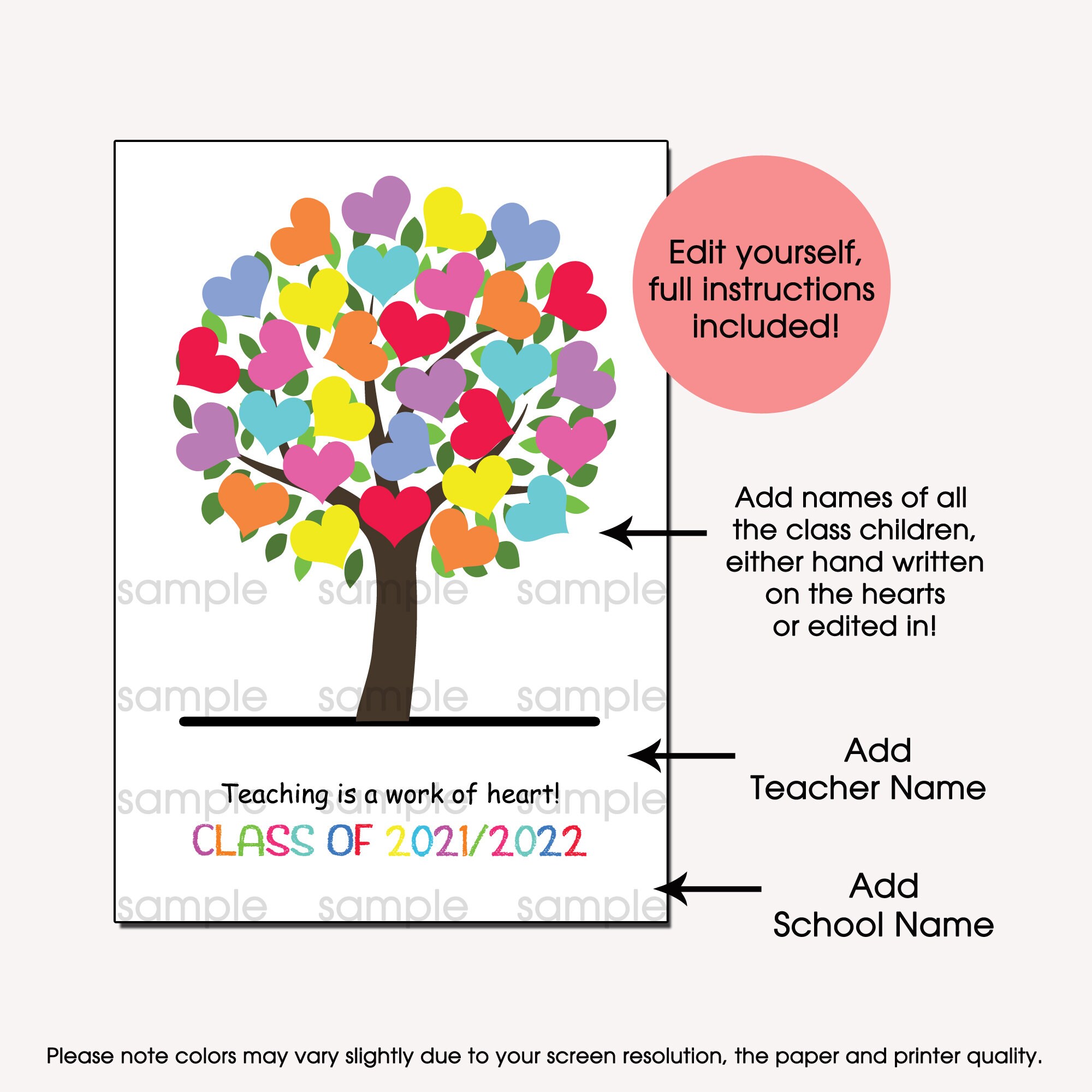Personalized A4 Teacher Heart Tree Print, Teacher Gifts From Class ...