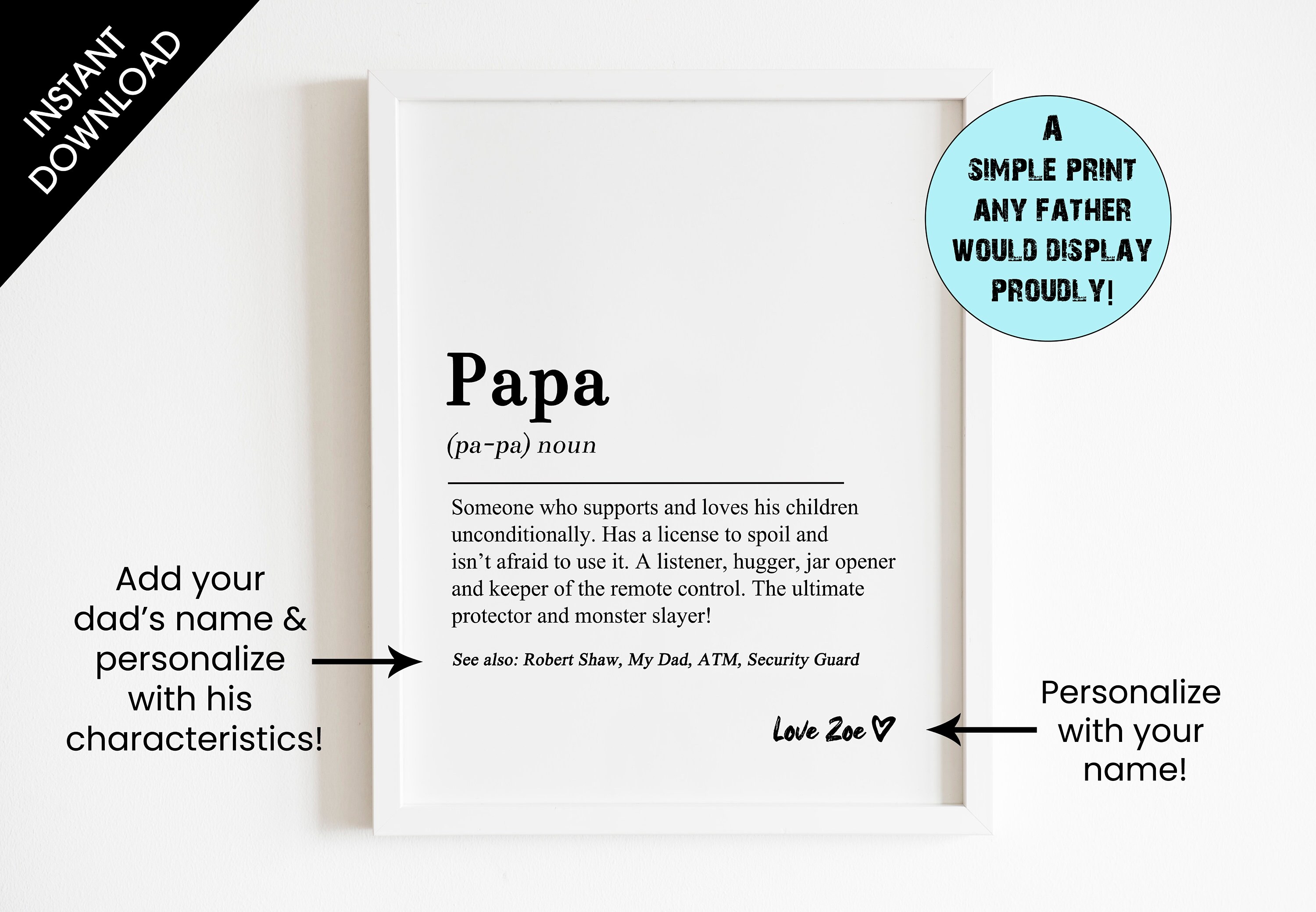 Personalized A4 Papa Definition Print, Fathers Day Gift, Fathers Day ...