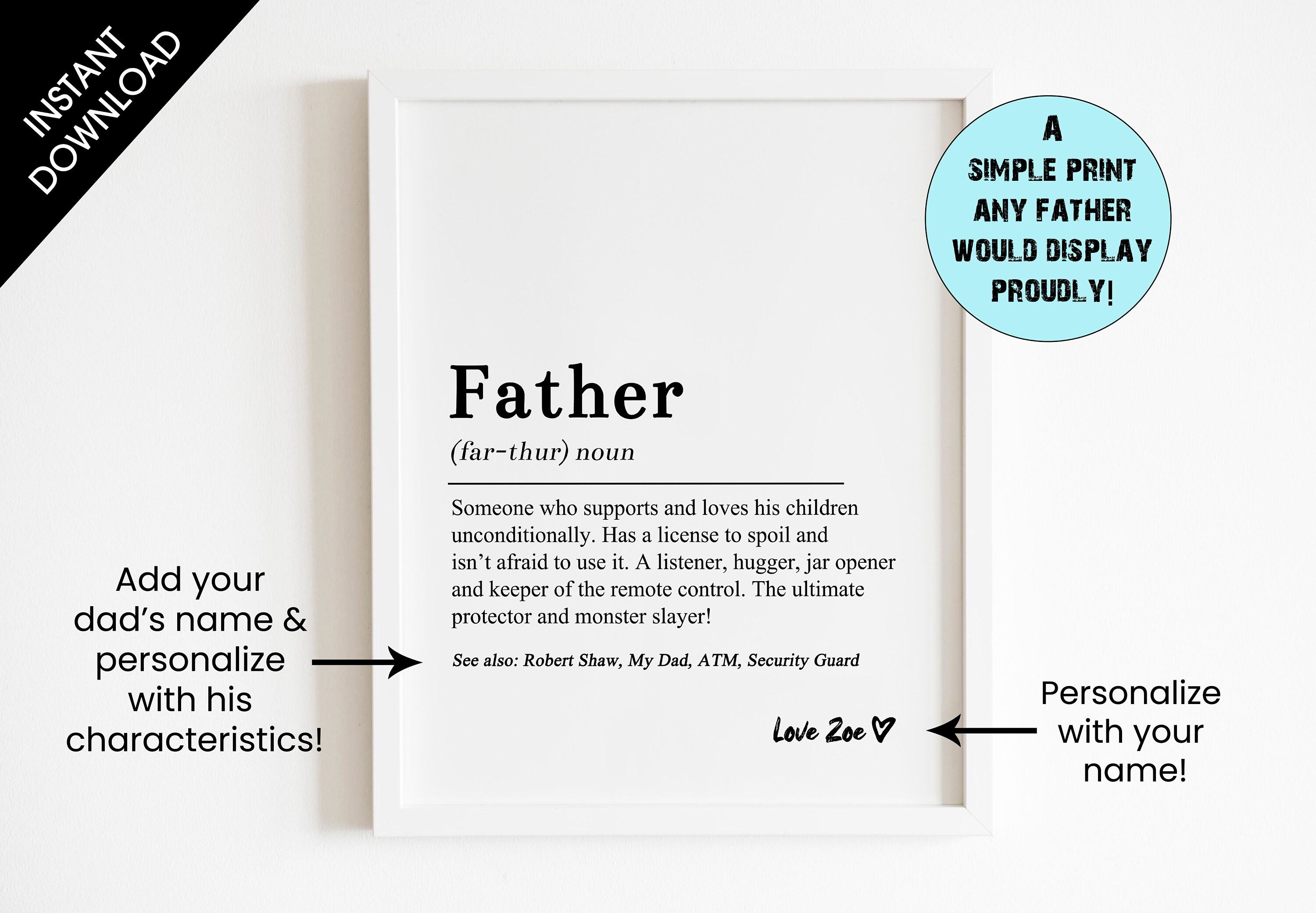 Personalized 5x7 Father Definition Print, Fathers Day Gift, Fathers Day ...
