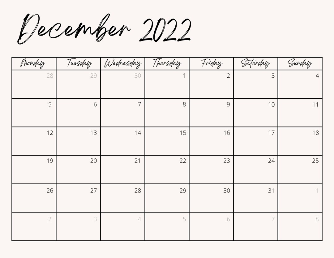 PRINTABLE SIMPLE CALENDAR| 2022 Year Calendar| Instant Download| Monday ...