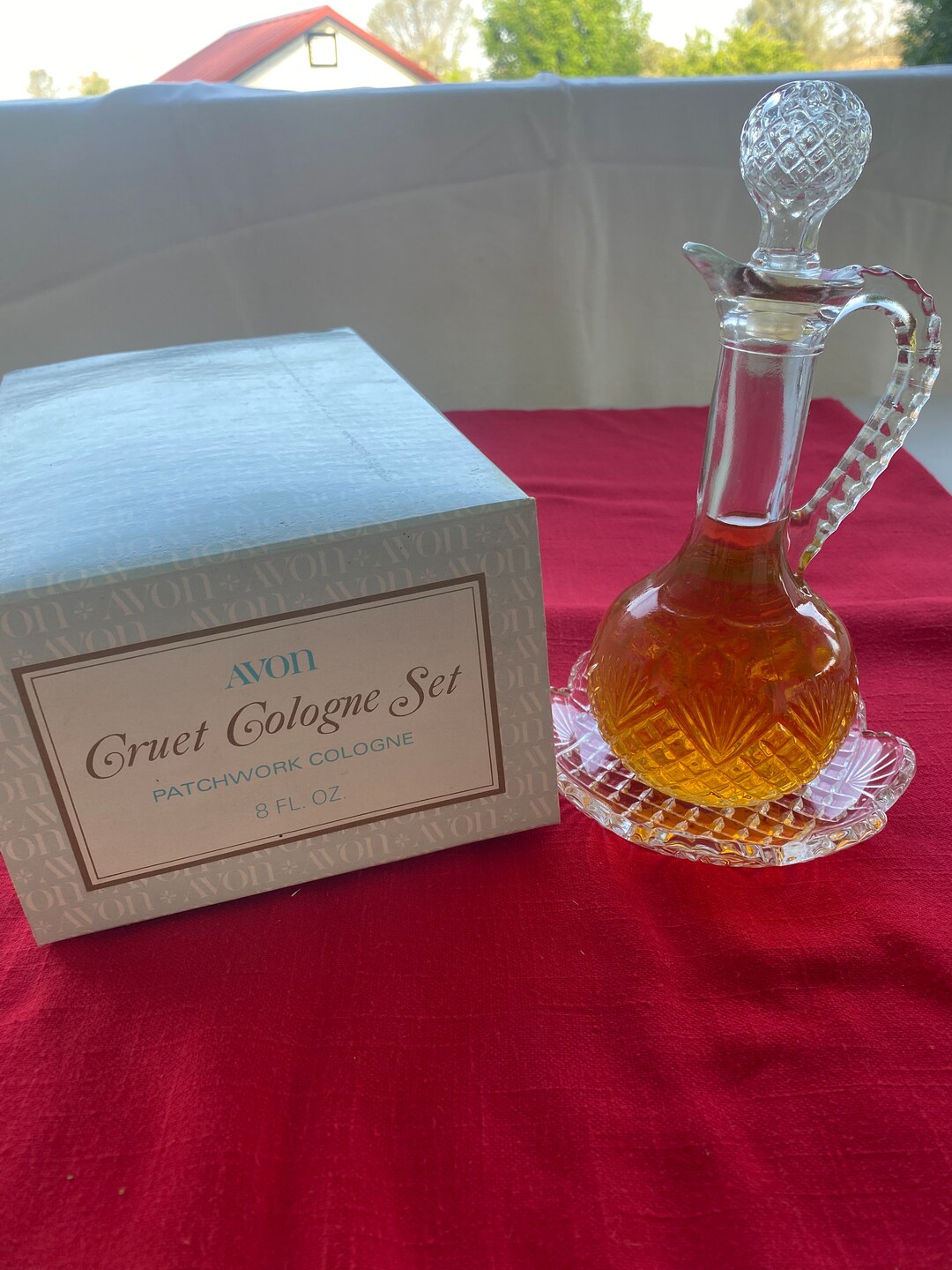 Avon Cruet Cologne Set, Clear Glass With Stopper & Flat Dish, Patchwork ...