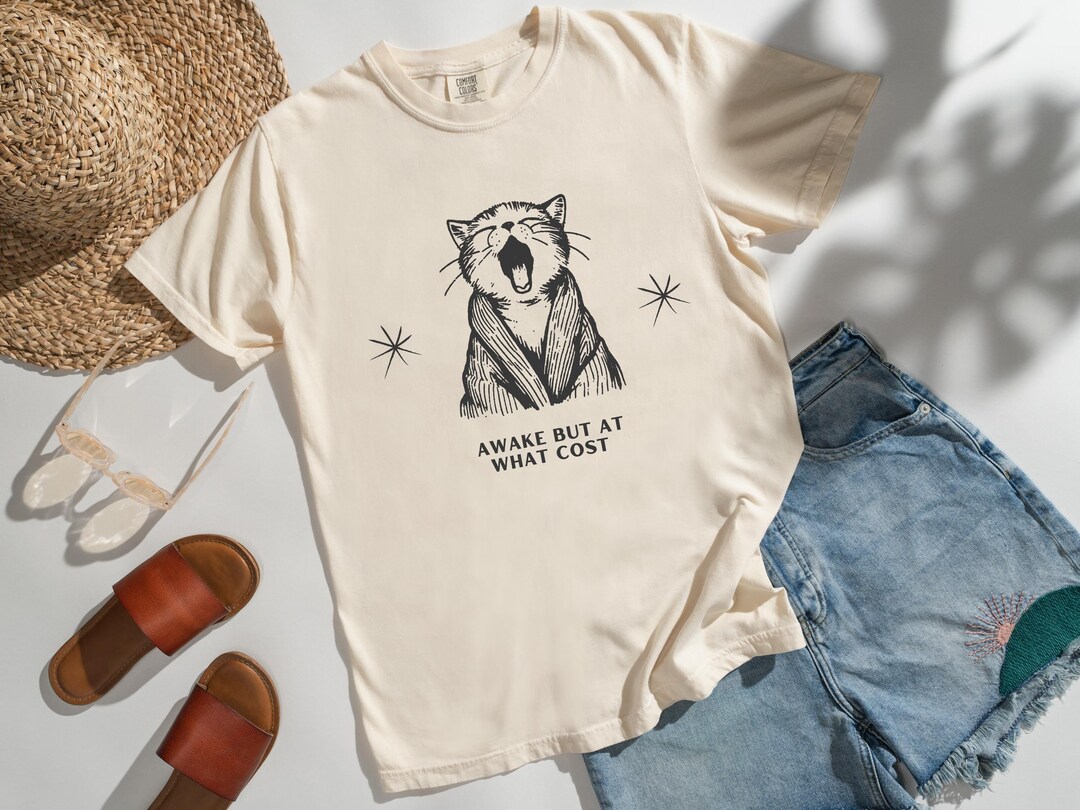 Awake but at What Cost Retro Funny Cat Shirt, Cat Lover Tee, Cool Cat ...