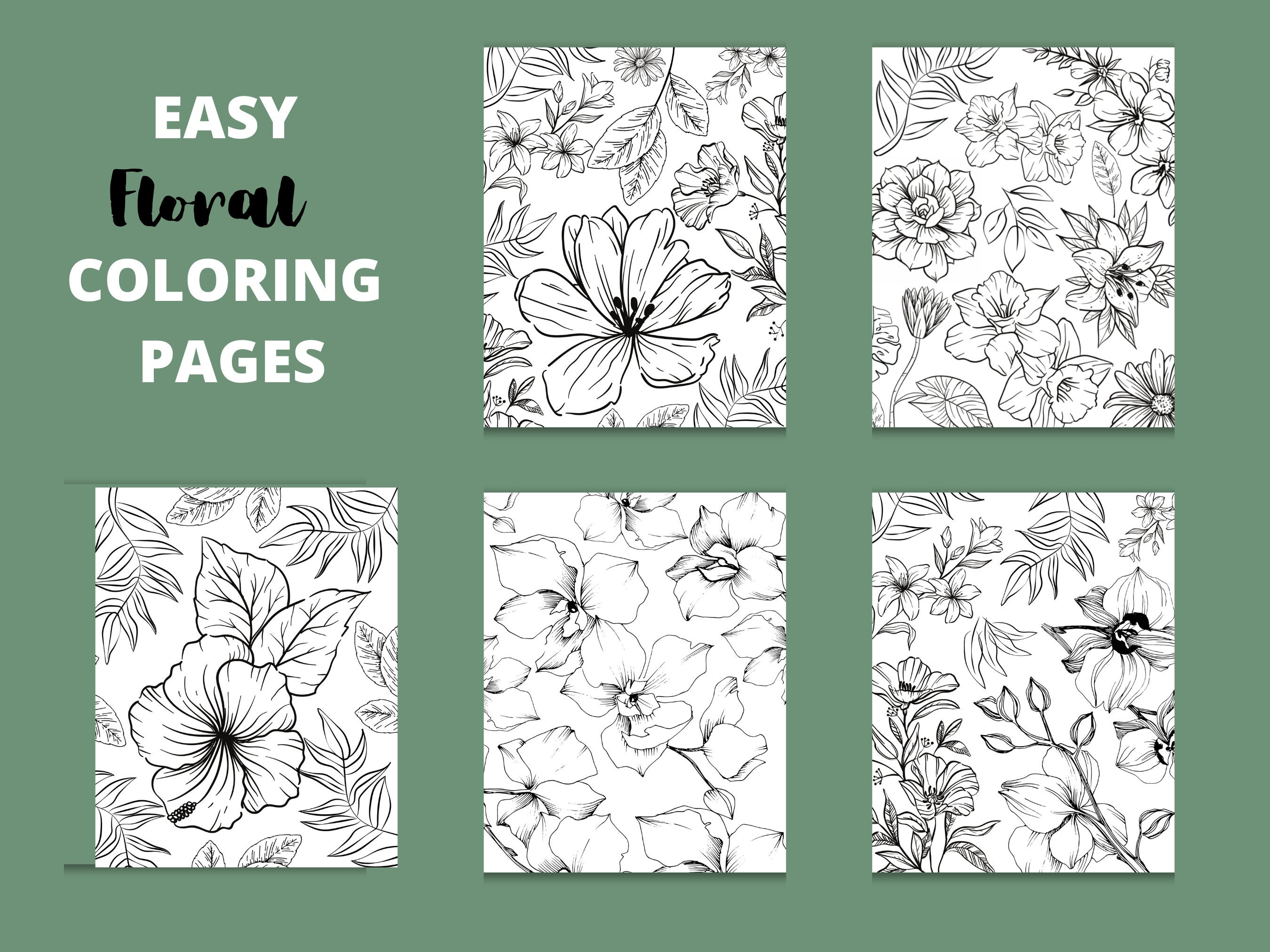 5 Easy Flower Coloring Pages - Etsy