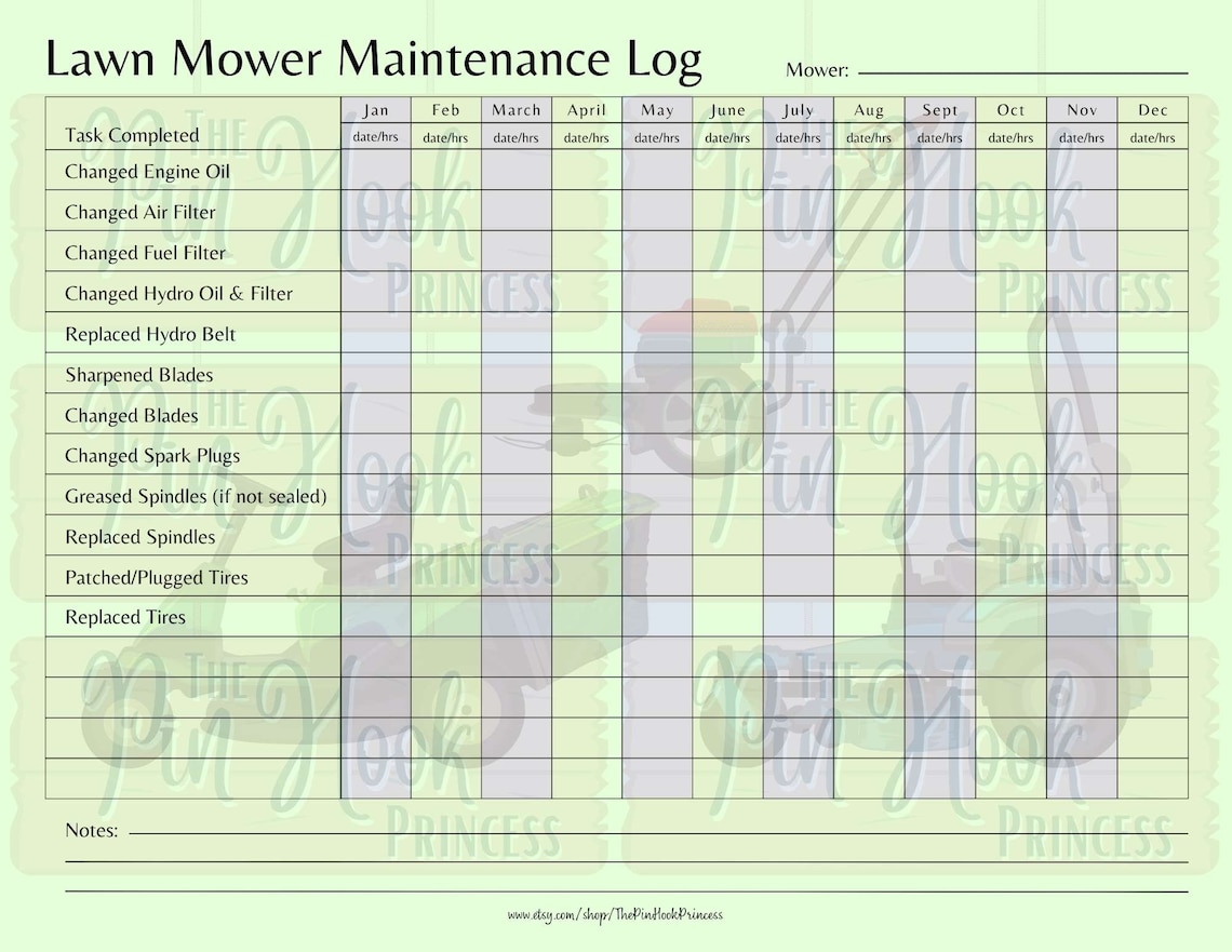 Lawn Mower Maintenance Logs Printable Digital Download | Etsy