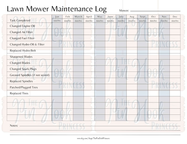 Lawn Mower Maintenance Logs Printable Digital Download | Etsy