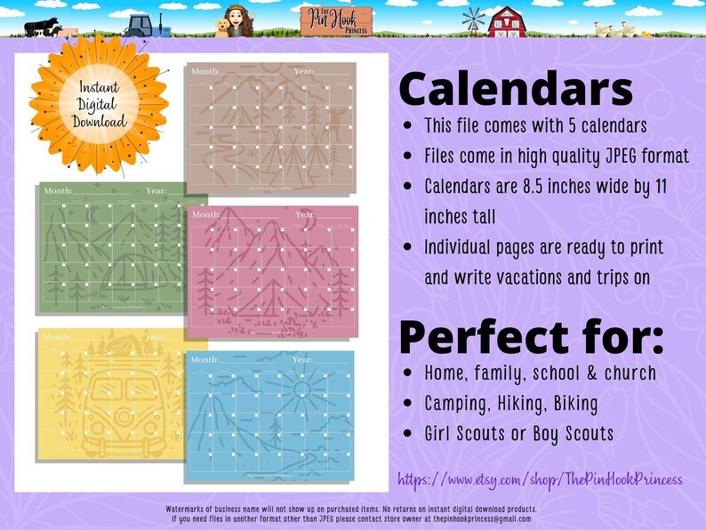 Happy Camper Calendar Pages, Printable Digital Download - Etsy