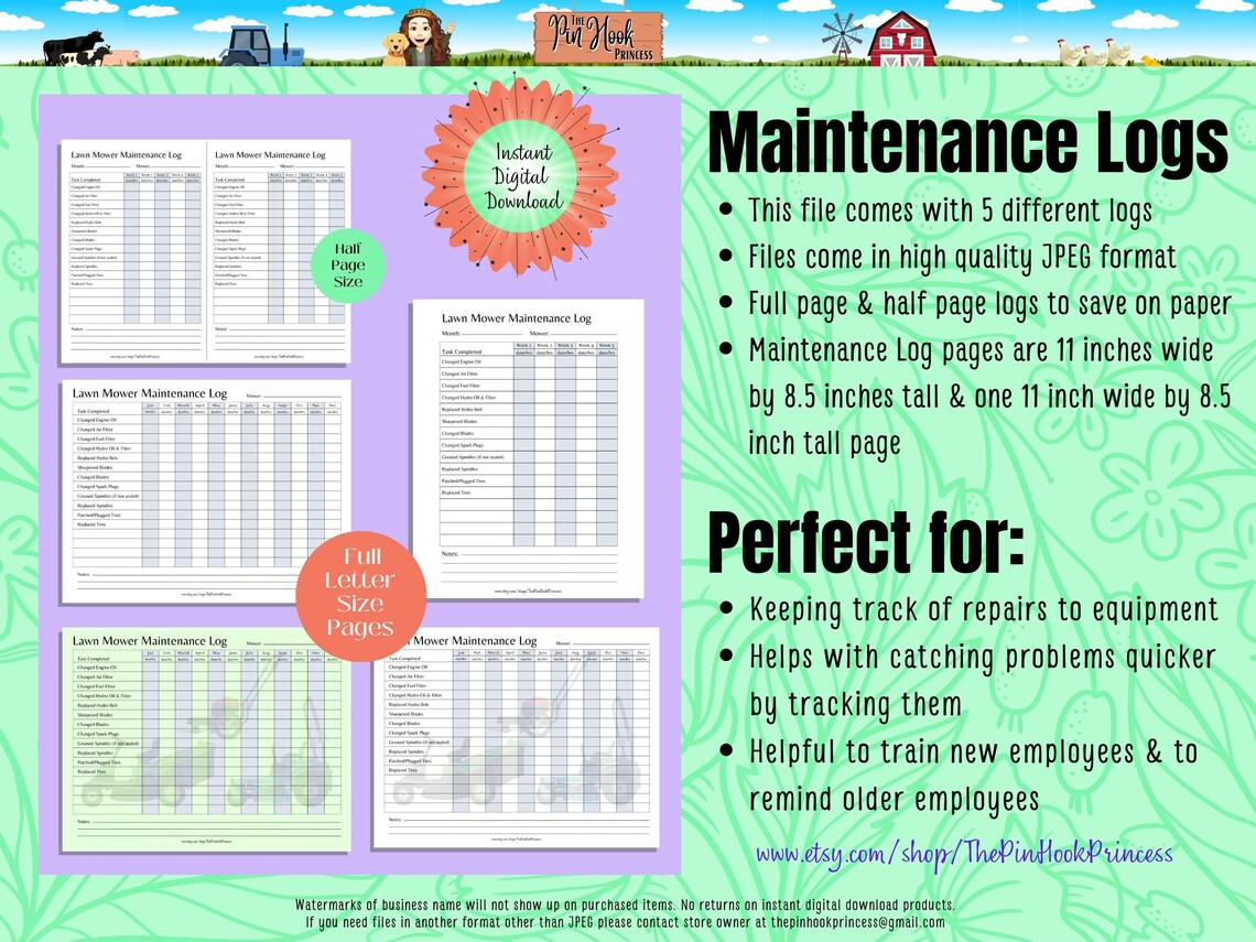 Lawn Mower Maintenance Logs, Printable Digital Download - Etsy