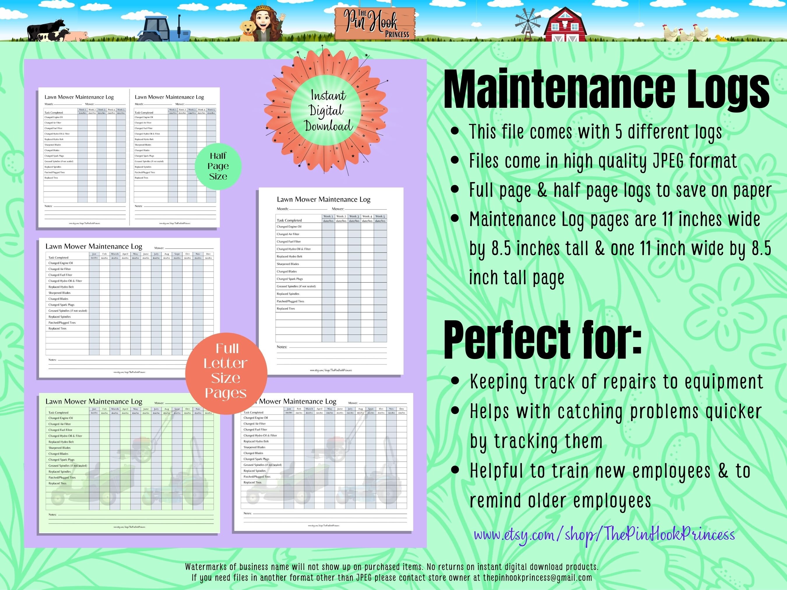Lawn Mower Maintenance Logs, Printable Digital Download - Etsy