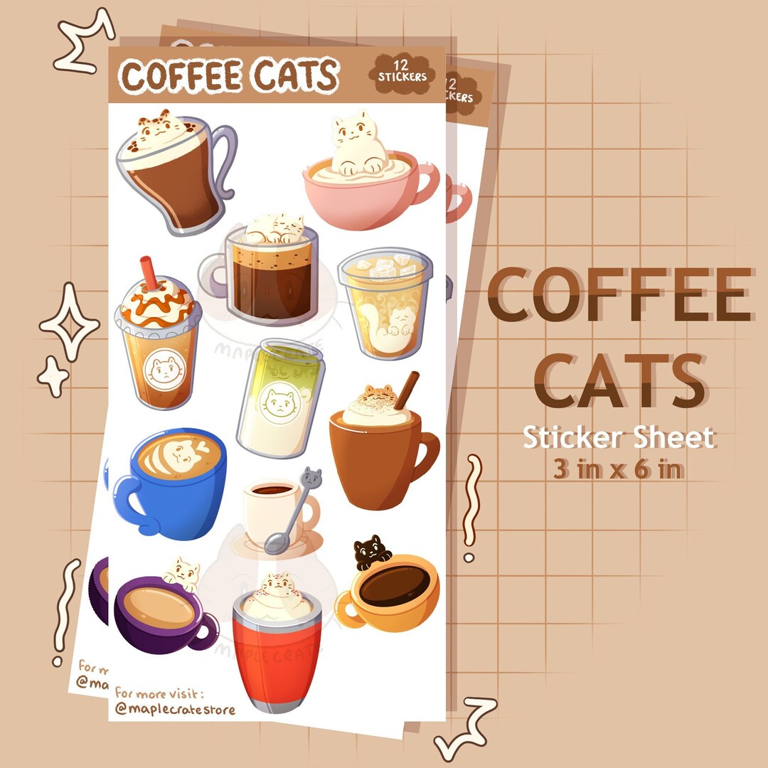 Coffee Cats Sticker Sheet, Cute Animal Stationery - Etsy
