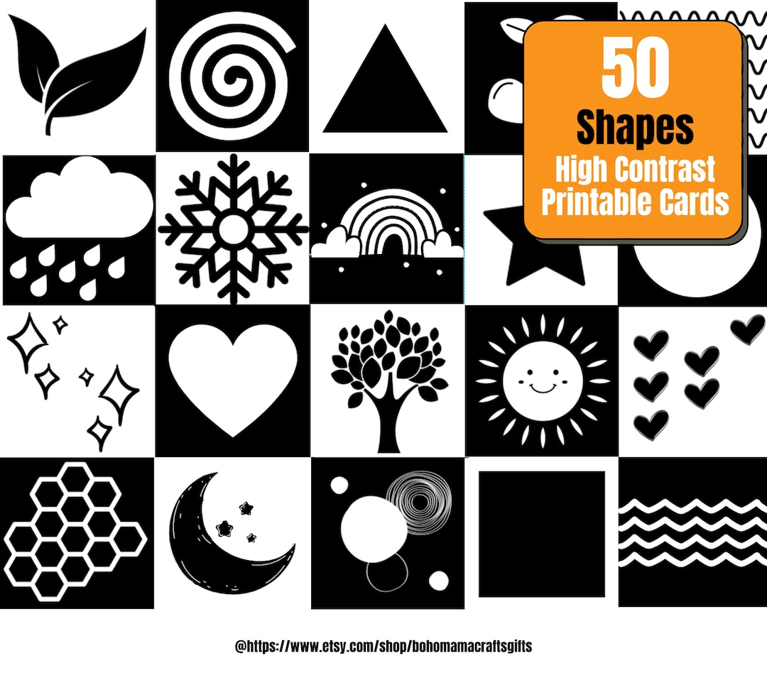 50 High Contrast SHAPES Infant Printable Contrast Cards - Black & White ...