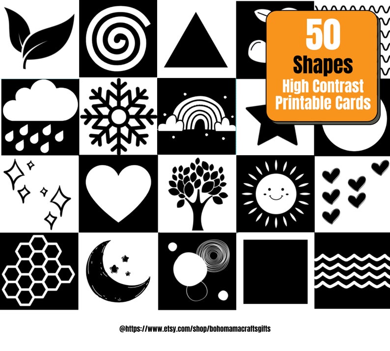 50 High Contrast SHAPES Infant Printable Contrast Cards - Black & White ...