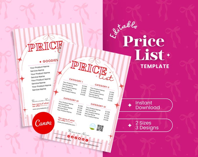 Coquette Price List Sign Template, Girly Price List Template, Pink ...