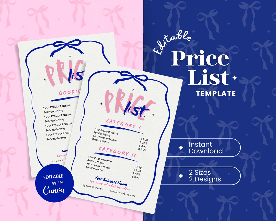 Coquette Price List Sign Template, Minimalist Price List Template ...