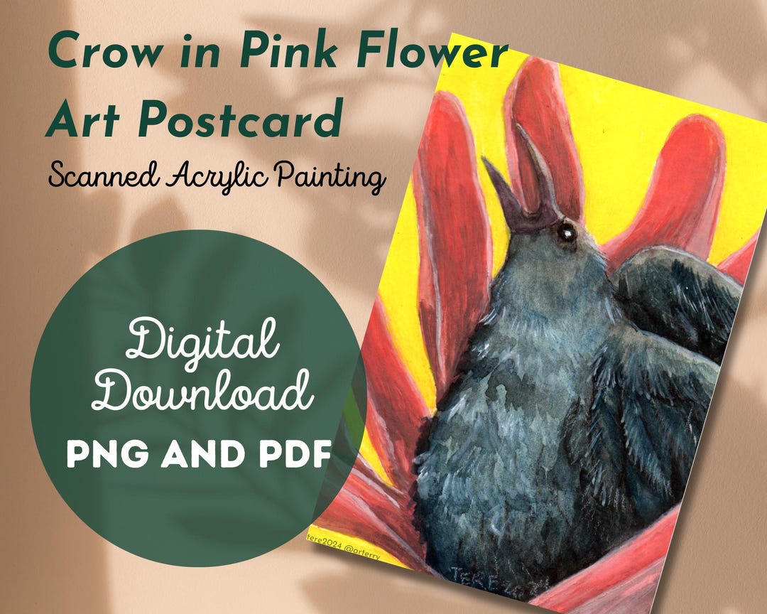 Crow in Pink Flower Realistic Scanned Acrylic Painting Postcard ...