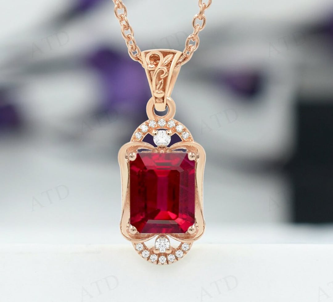 14k Gold Ruby Pendant for Women Art Deco Wedding Necklace Antique Style ...
